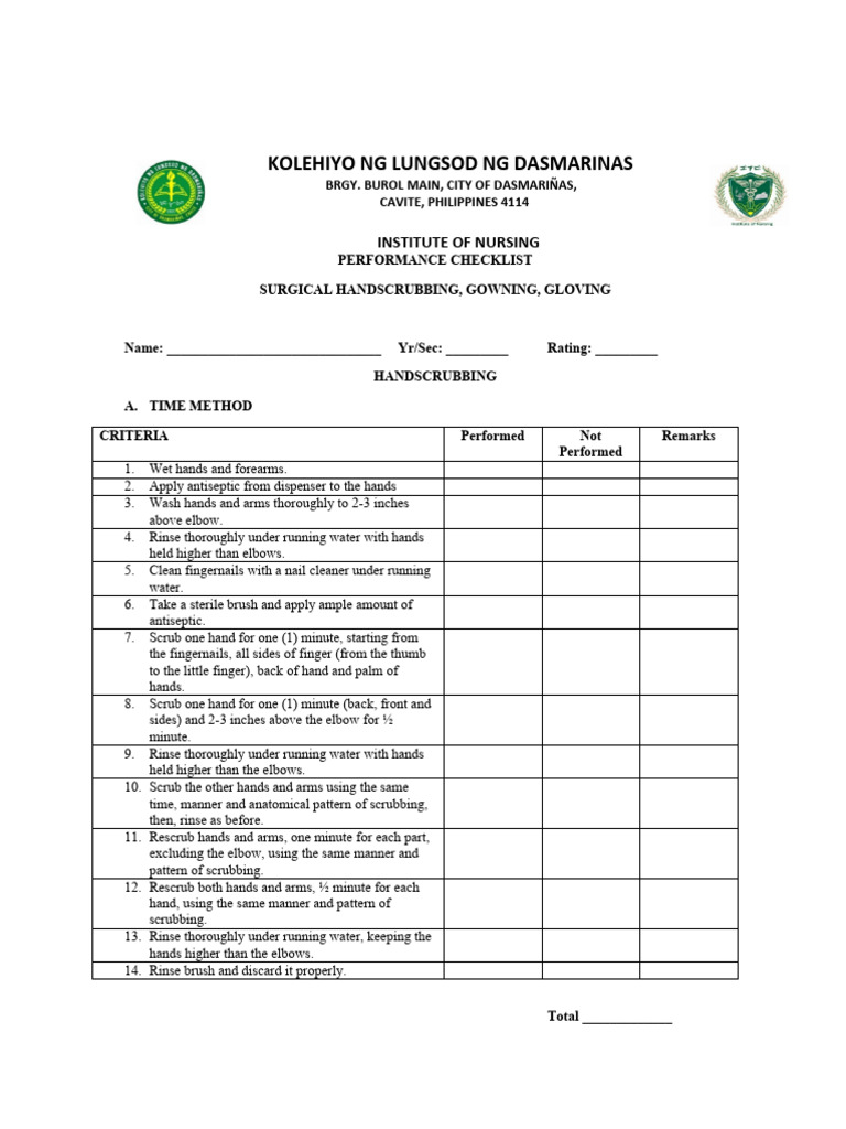 Surgical Scrubbing and Gowning Checklist | PDF | Hand | Hand Washing