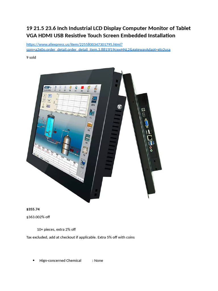 19 Inch Industrial LCD Display Computer Monitor of Tablet VGA HDMI USB ...