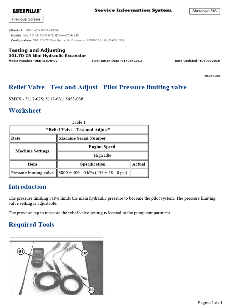 CAT Mini Excavator Relief Valve - Test and Adjust - Pilot Pressure ...