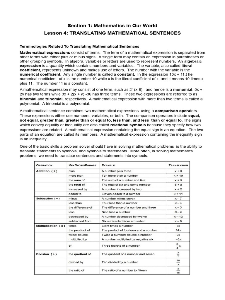 Translating Mathematical Sentences - 23feb 2025 | PDF | Variable ...