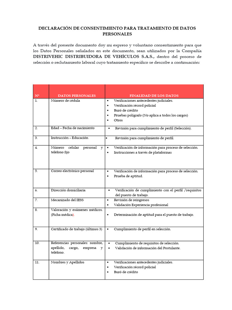 Consentimiento para Tratamiento de Datos Personales | PDF