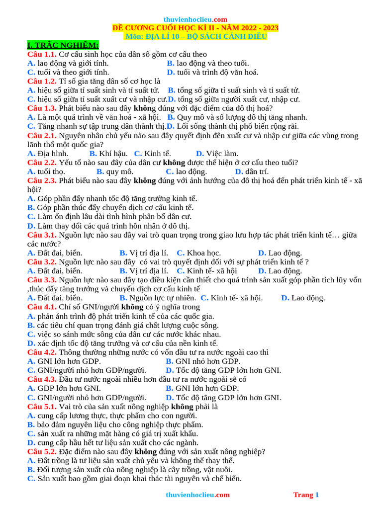 De Cuong On Tap Dia 10 HK2 Canh Dieu Nam 22 23 | PDF