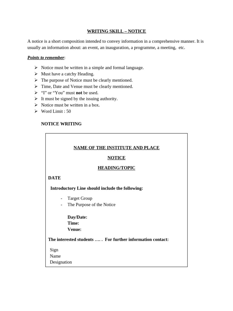 NOTICE WRITING- Sample & Questions | PDF