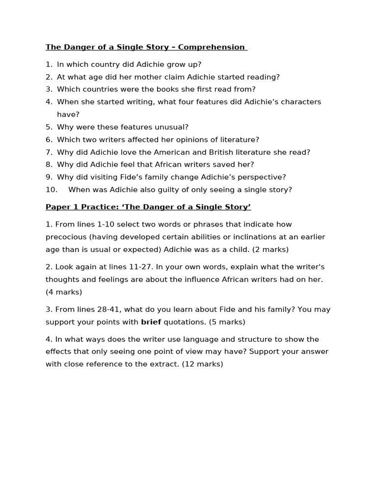 Comprehension Guide: The Danger of a Single Story | PDF