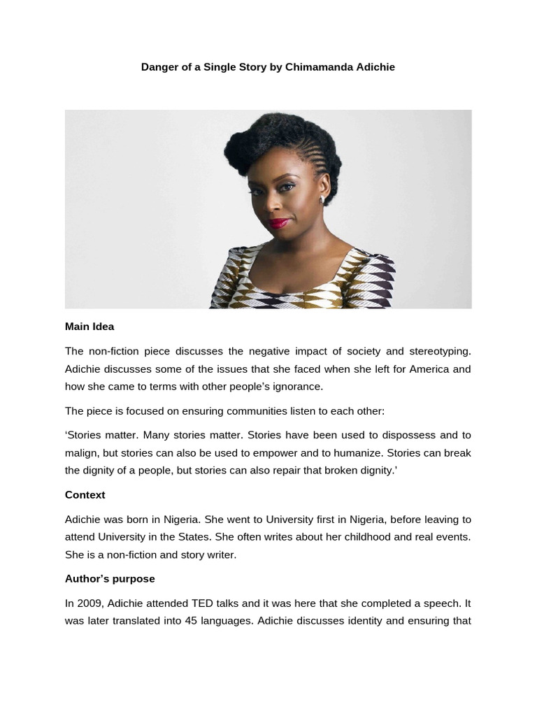 Danger of A Single Story by Chimamanda Adichie | PDF | Metaphor | Human ...