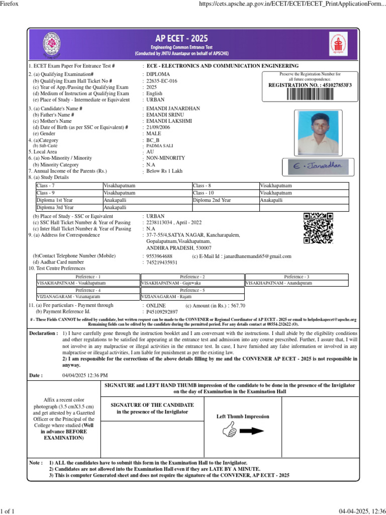 Https Cets - Apsche.ap - Gov.in ECET ECET ECET - PrintApplicationForm | PDF