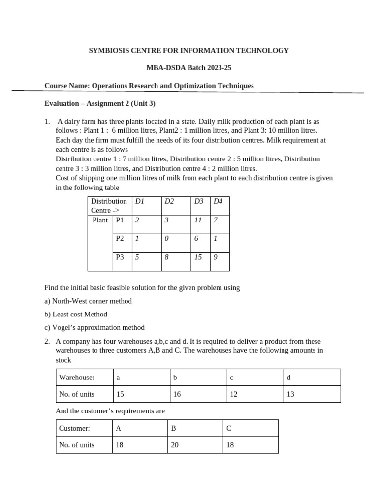 Assignment 2 Transportation Problem Pdf