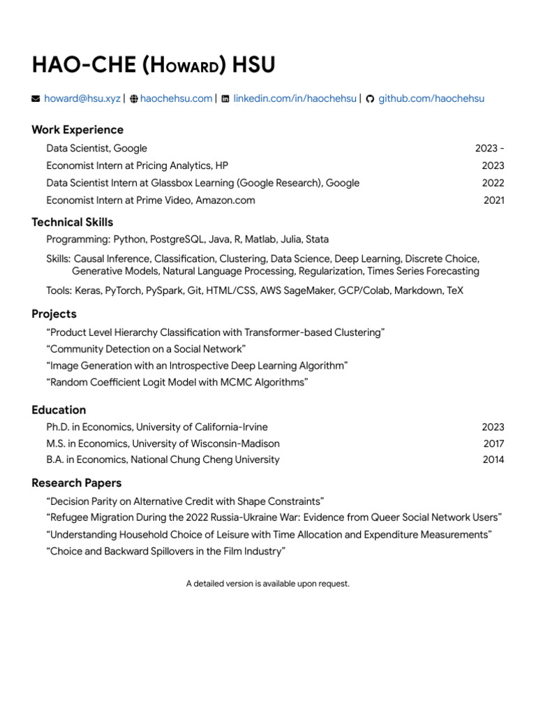 Hao-Che (Howard) Hsu: Work Experience | PDF