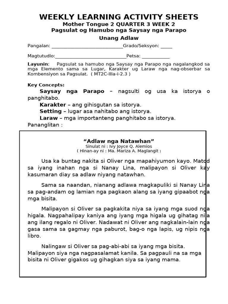 Weekly Learning Activity Sheets: Mother Tongue 2 QUARTER 3 WEEK 2 ...