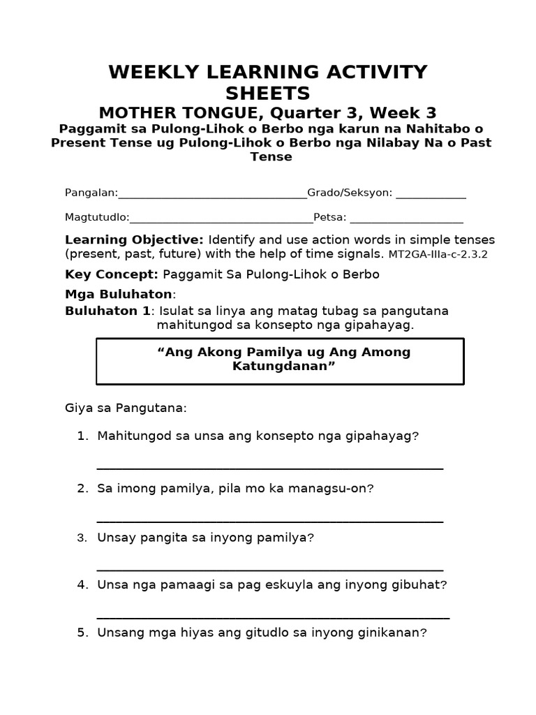 Weekly Learning Activity Sheets: MOTHER TONGUE, Quarter 3, Week 3 | PDF