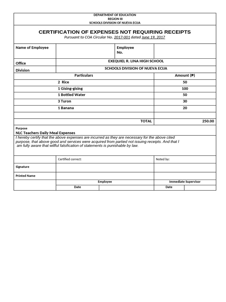 Certification of Non-Receipt Expenses | PDF