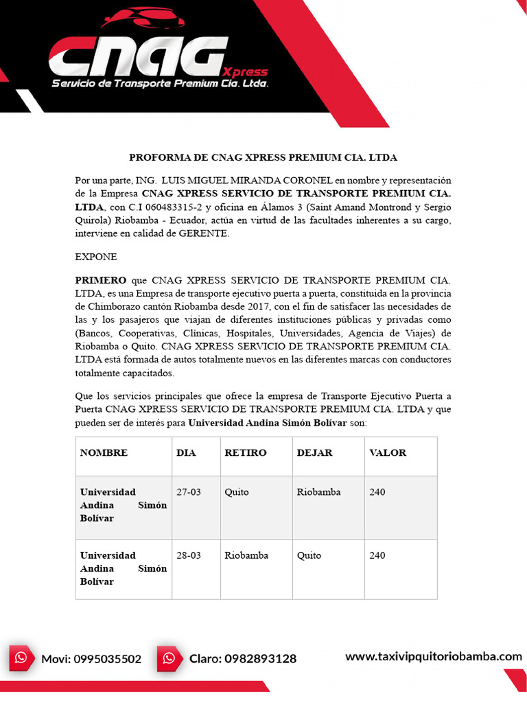 PROFORMA Transporte Quito - Riobamba-Quito-UASB | PDF