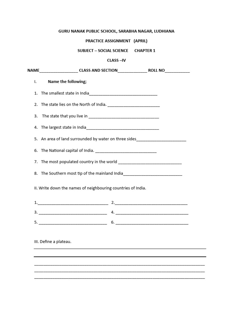 Social Science Assignment Class Iv | PDF