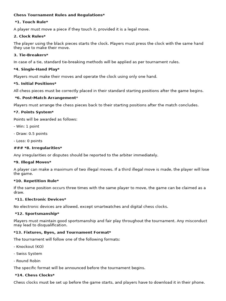 Chess Tournament Rules and Regulations | PDF