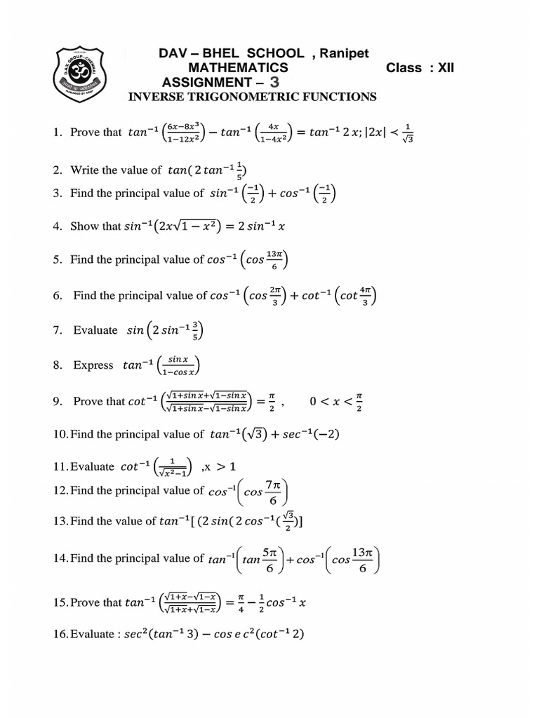 XII - Math Assignment - 3 - Inverse Trigonometric Functions | PDF