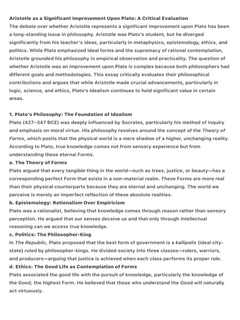 Aristotle As A Significant Improvement Upon Plato - A Critical ...