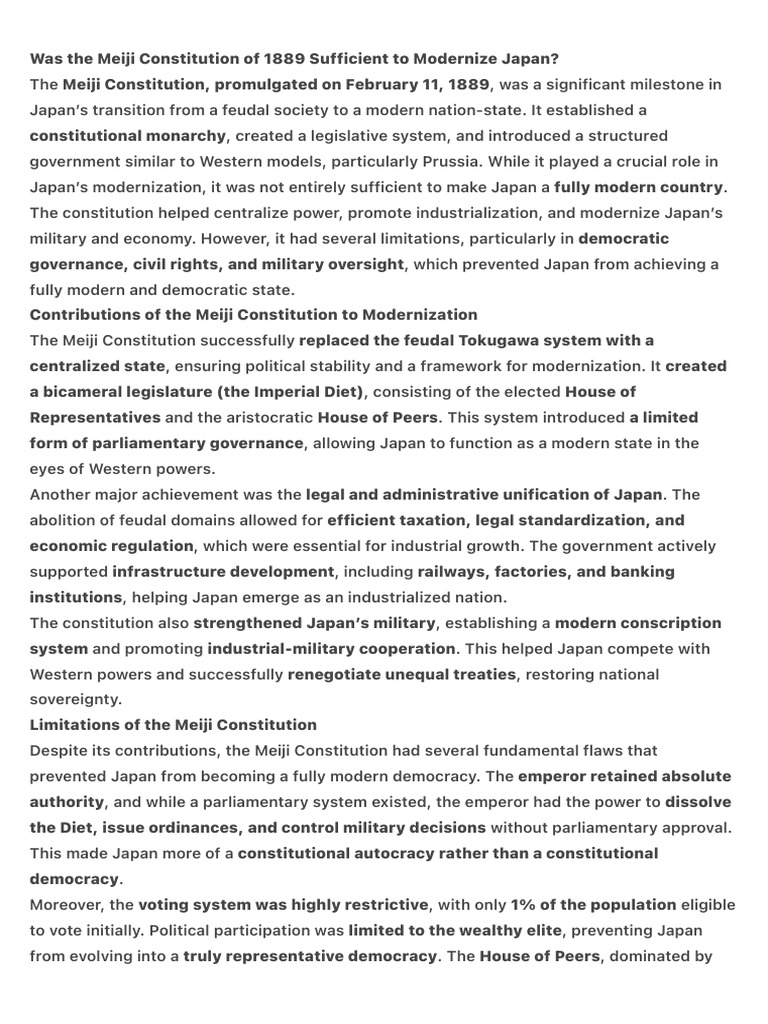 Was The Meiji Constitution of 1889 Sufficient To Modernize Japan | PDF ...