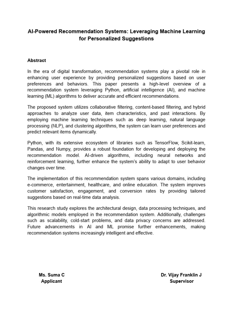 AI-Powered Recommendation Systems- Leveraging Machine Learning for Personalized Suggestions | PDF