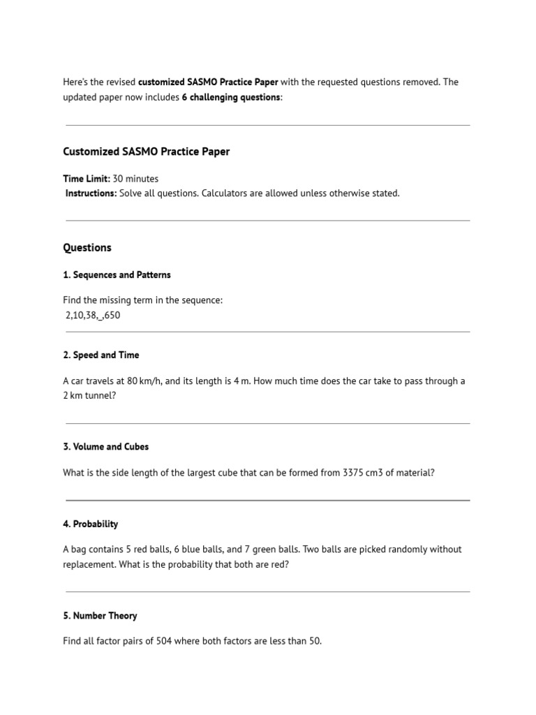 Customized SASMO Practice Paper 2023 | PDF