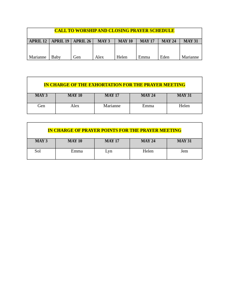 Worship Schedule and Prayer Leaders | PDF