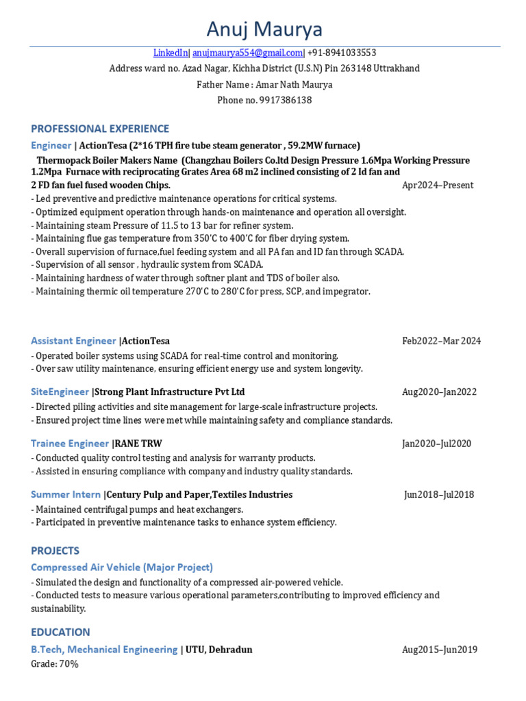 Anuj Maurya Final Resume To Vijay Soni | PDF | Boiler | Mechanical Engineering