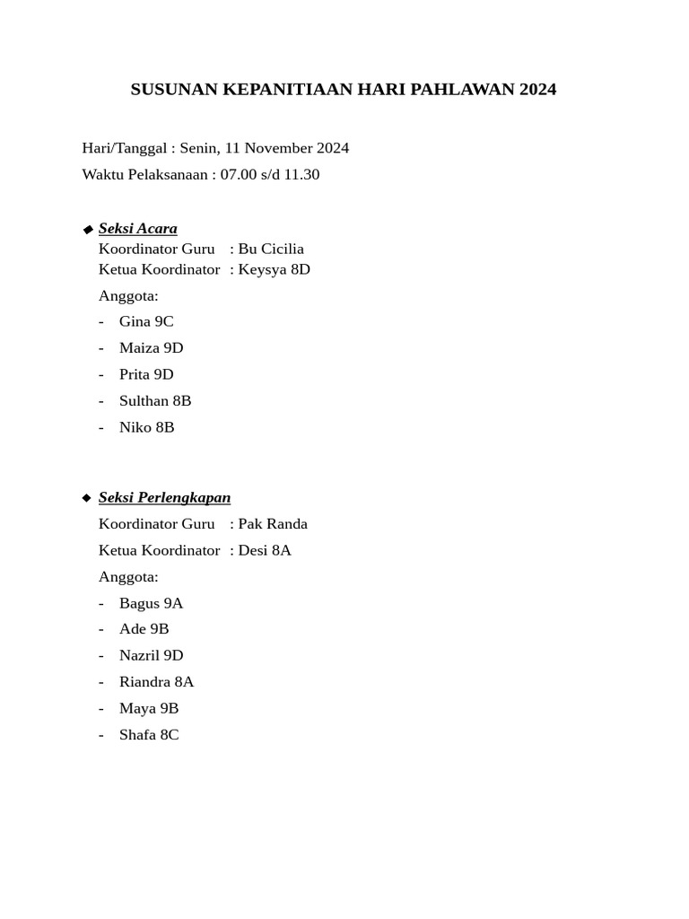 Susunan Kepanitiaan Hari Pahlawan 2024 | PDF