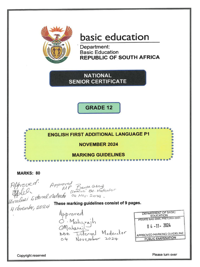 English FAL P1 NSC Oct-Nov 2024 Approved Marking Guideline | PDF