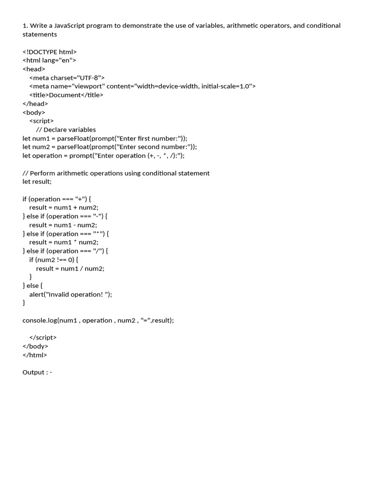 JavaScript Arithmetic Operations Example | PDF