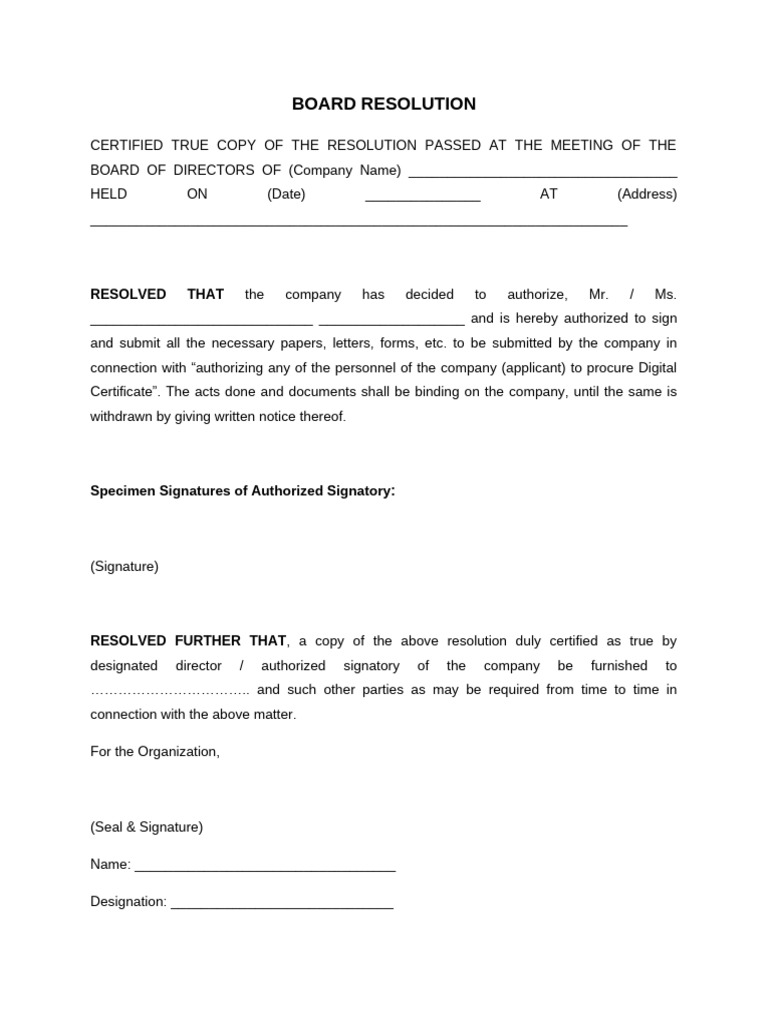 Board Resolution for Digital Certificate Authorization | PDF