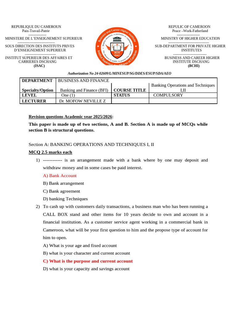 Revision Questions L1 Banking Operations And Techniques Pdf Loans
