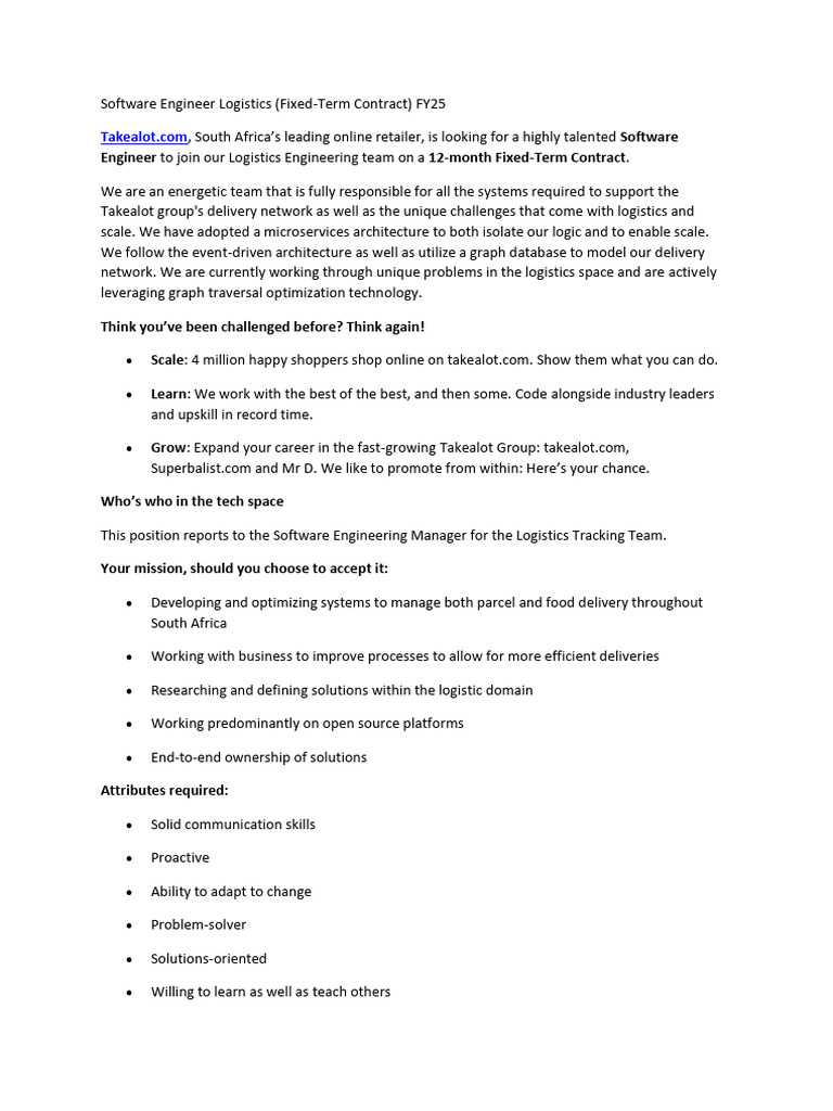 Software Engineer Logistics - Takealot | PDF | Logistics | Software Engineering