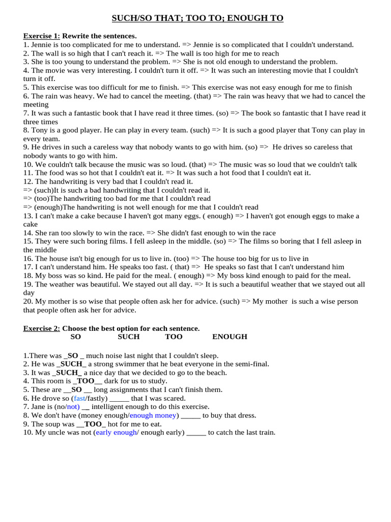 Mastering Sentence Structures: Such, So, Too, Enough | PDF