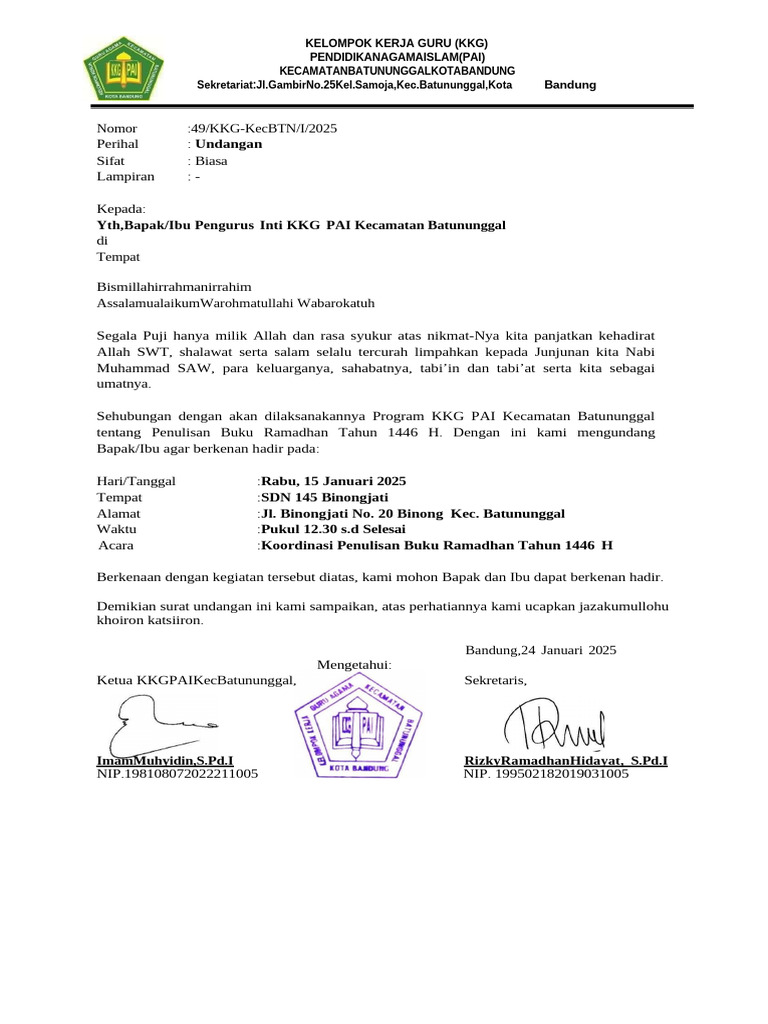 Undangan KKG PAI Batununggal 2025 | PDF