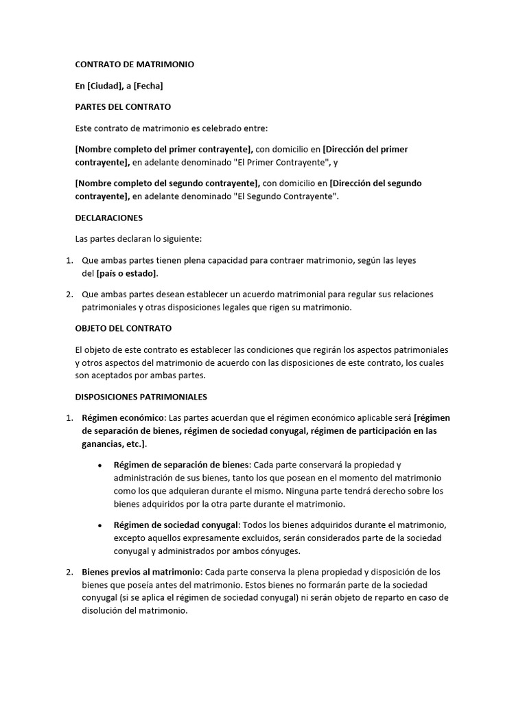 Contrato de Matrimonio: Cláusulas y Acuerdos | PDF | Matrimonio | Divorcio