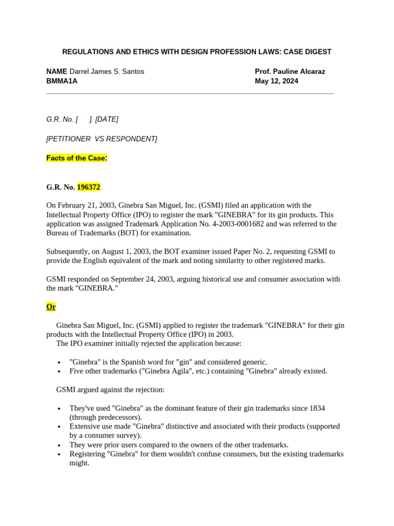 Ginebra Trademark Case Digest | PDF | Trademark | Trademark Infringement