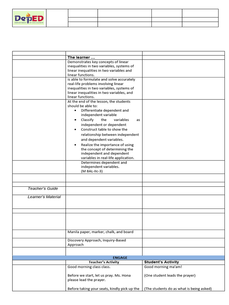 Grade 8 Math Lesson Plan: Variables | PDF | Function (Mathematics ...