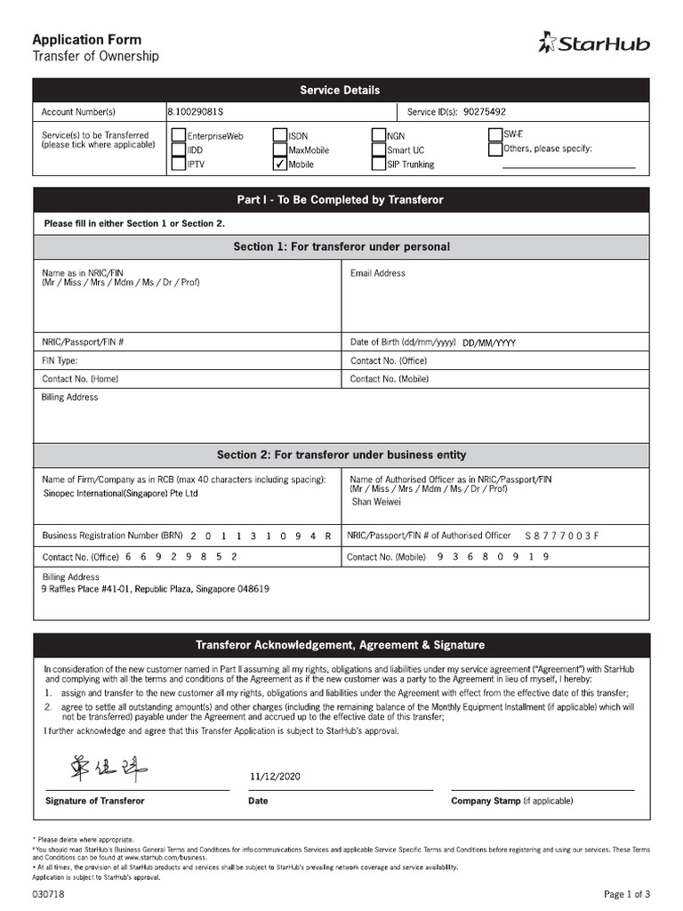 Transfer of Ownership Application Form-Wang Yilin 90275492 | PDF