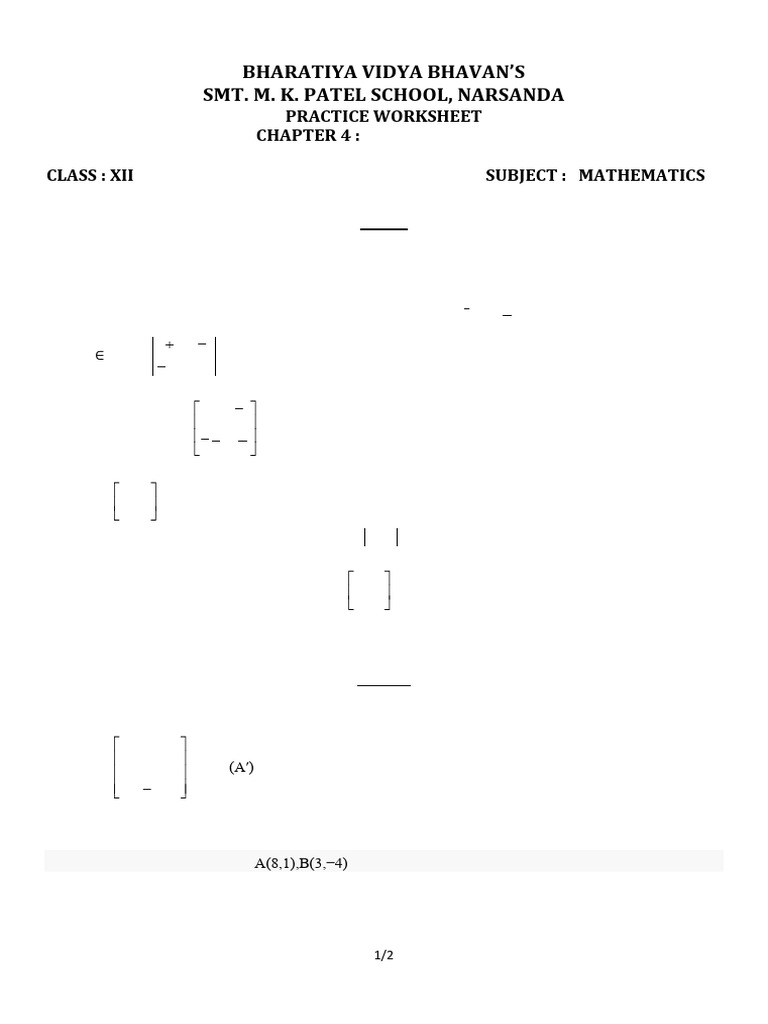 Worksheet Ch-4 Determinants Class 12 Maths | PDF | Matrix (Mathematics ...