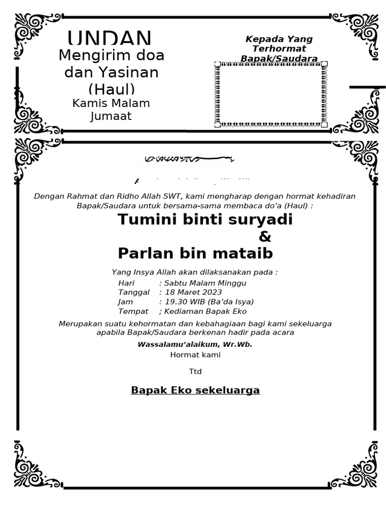 Undangan Acara Haul Tumini dan Parlan | PDF
