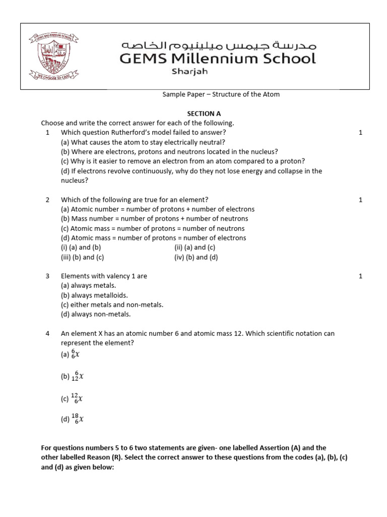 Grade 9 Atomic Structure Sample Paper | PDF | Atoms | Proton
