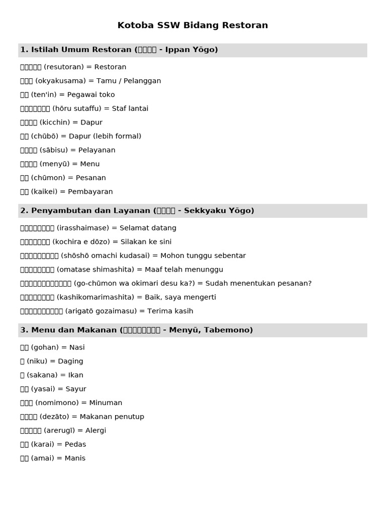 Kotoba SSW Restoran | PDF
