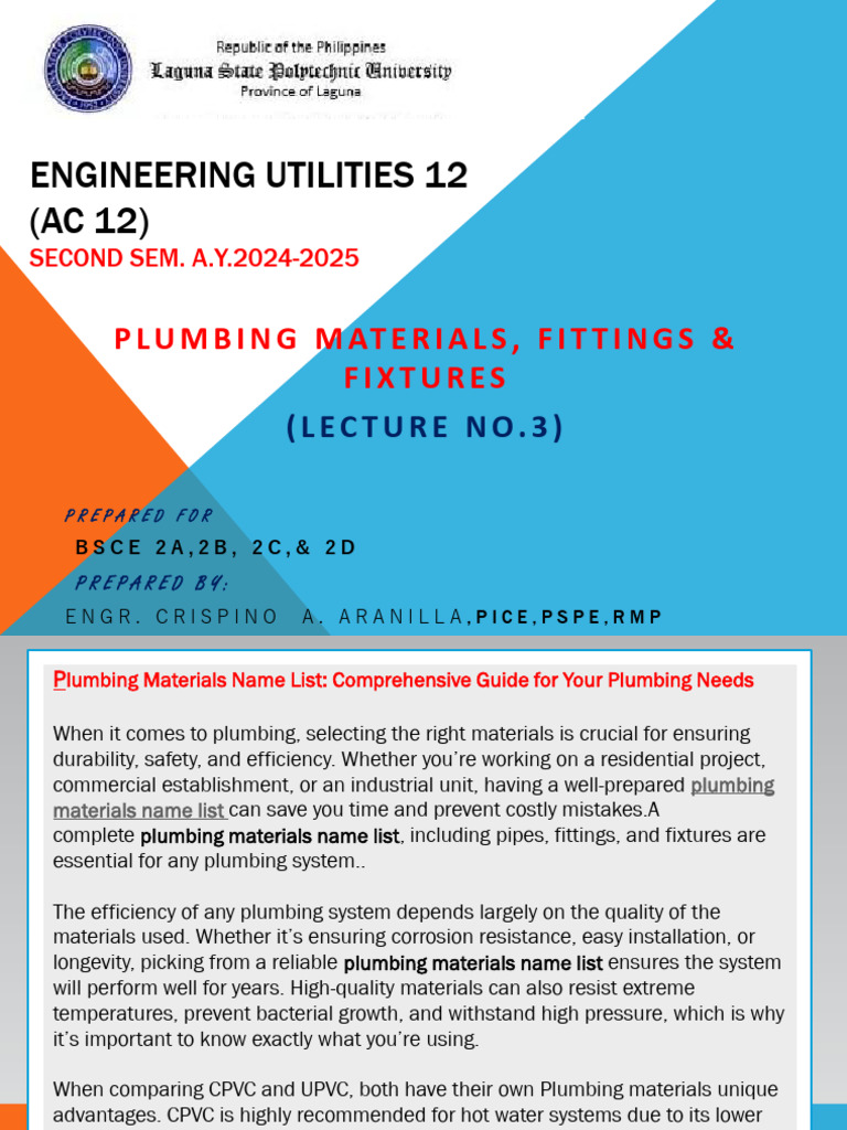 Lecture No. 3 Plumbing Materials Fittings Fixtures | PDF | Beam (Structure) | Bending