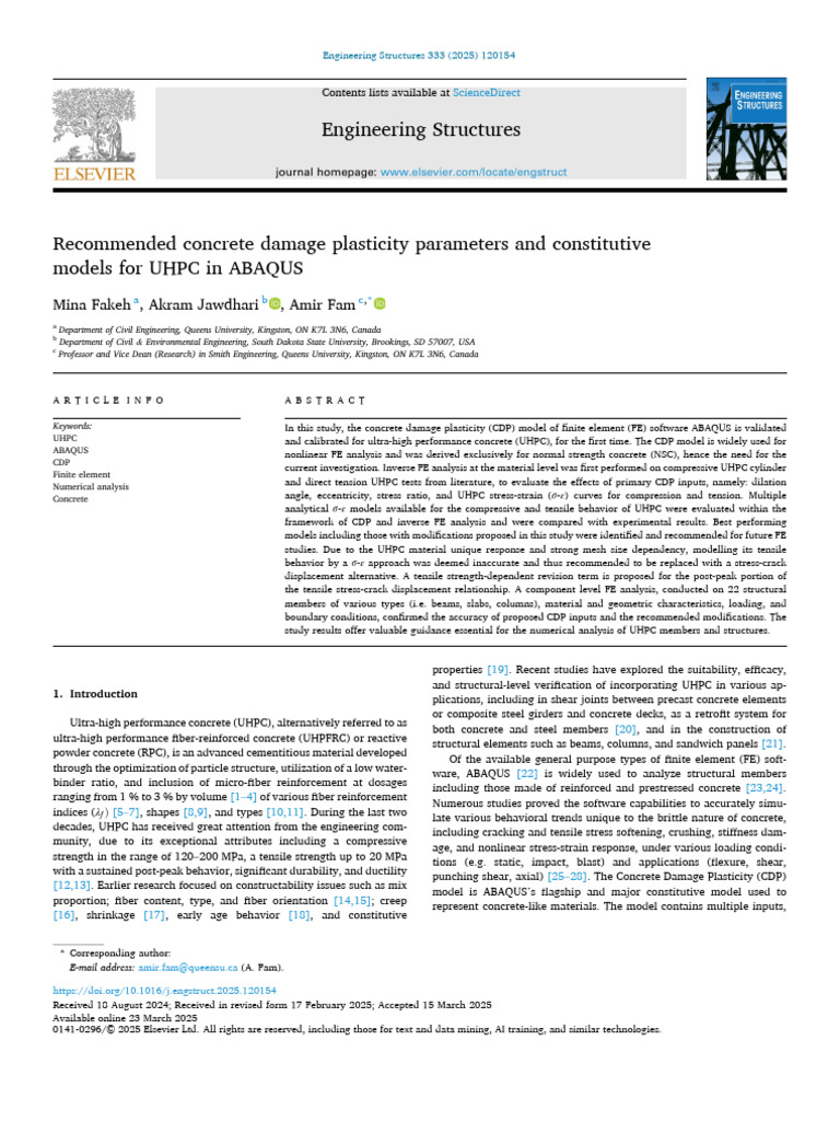 Recommended Concrete Damage Plasticity Parameters and Constitutive Models For UHPC in ABAQUS ...