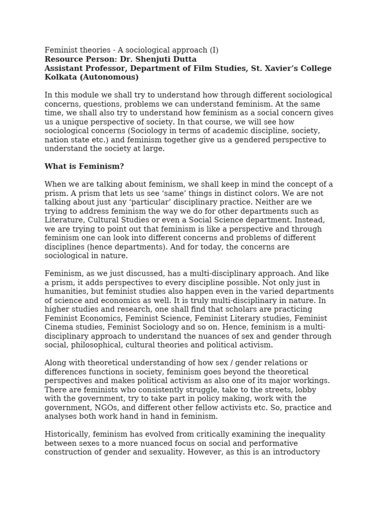 Feminist Sociological Perspectives Explained | PDF | Feminism | Gender ...