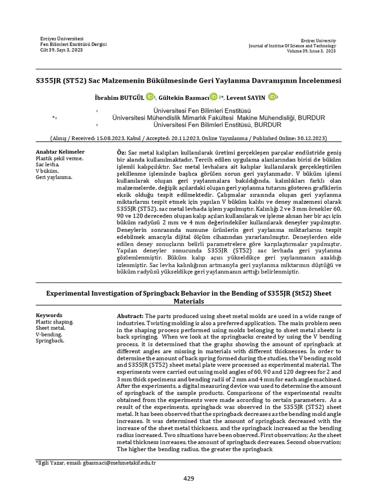 S355JR (ST52) Sac Malzemenin B - K - Lmesinde Geri Yaylanma Davran - N - N - Ncelenmesi ...