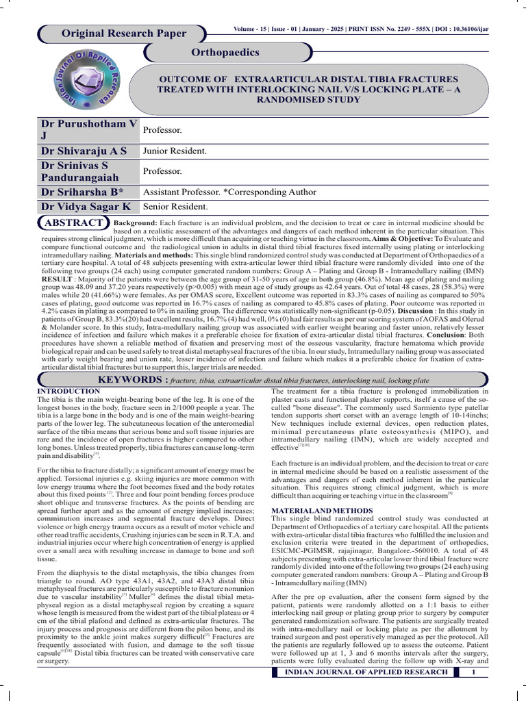 Distal Tibia #, Plating vs Nailing, Ijar Vol Xv, Issue 1, Jan 2025, Dr ...