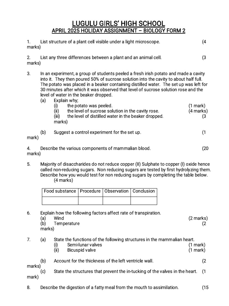F2 April Bio Assignment Assignment - Form 2 - Biology | PDF | Heart Valve | Sucrose