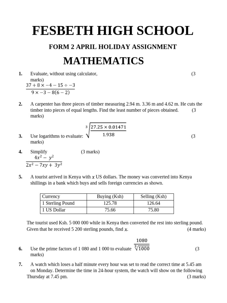 Form 2 Math April Holiday Assignment | PDF | Area | Equations