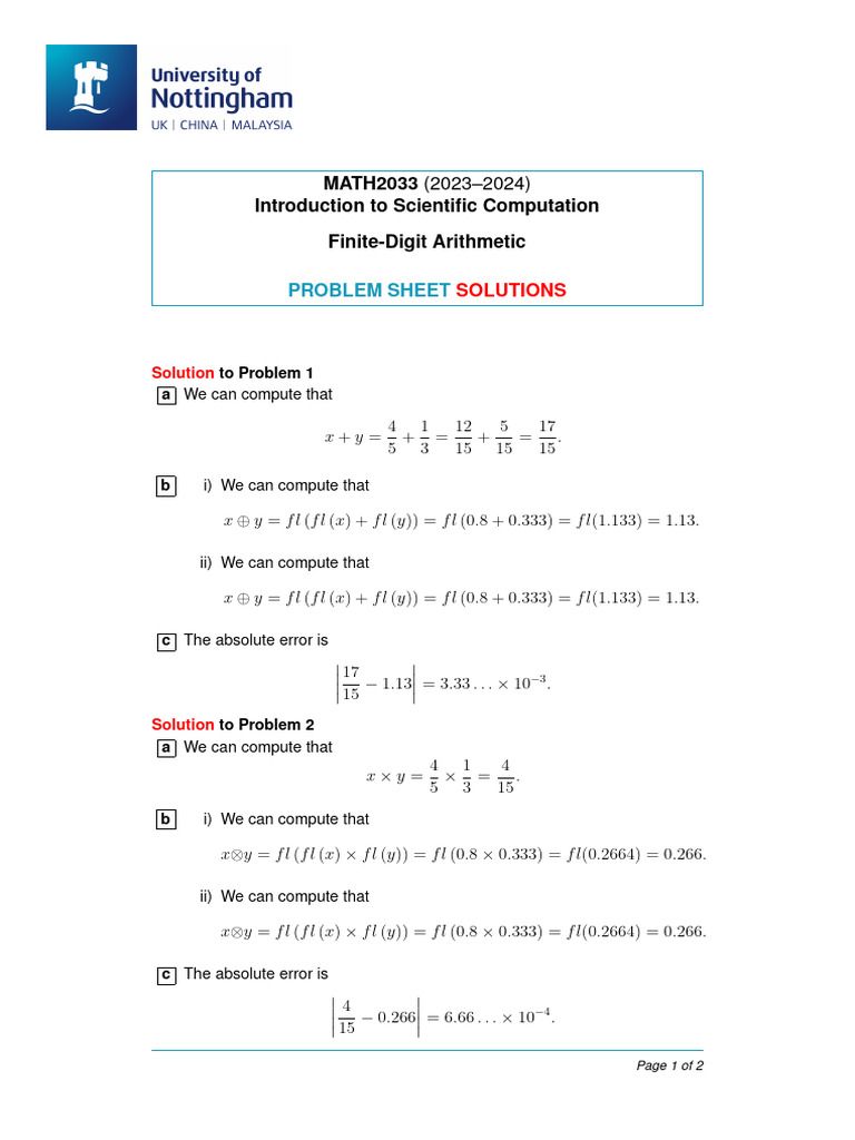 Finite-Digit Arithmetic Problem Sheet Solutions | PDF