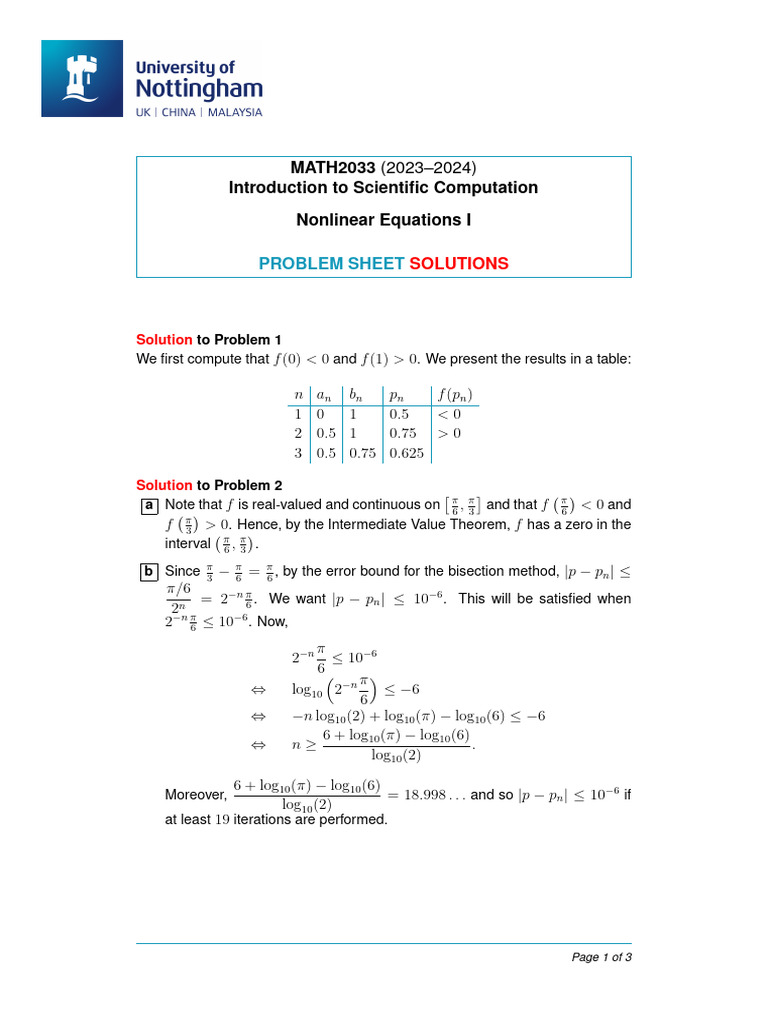 Nonlinear Equations I Problem Sheet Solutions Pdf Algorithms Mathematical Concepts